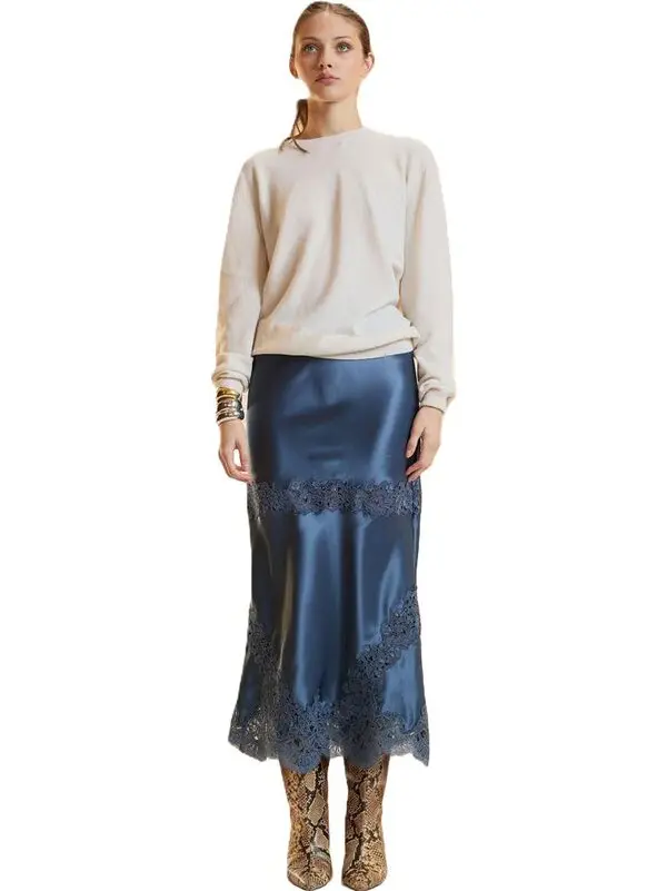 Cynthia Rowley Satin Lace Midi Skirt - Denim Blue