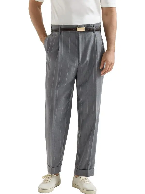 Brunello Cucinelli Chalk Stripe Pleated Trousers - Medium Grey