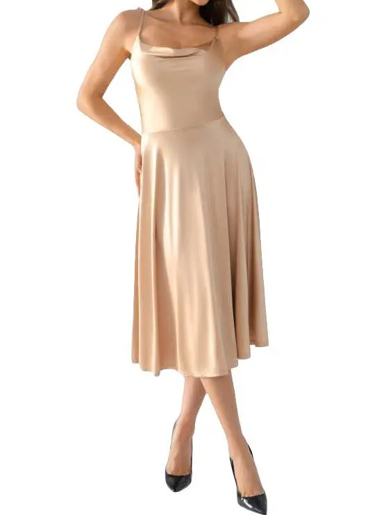 POPILUSH Shapewear Strappy Cowl Neck Fit & Flare Midi Dress - Champagne
