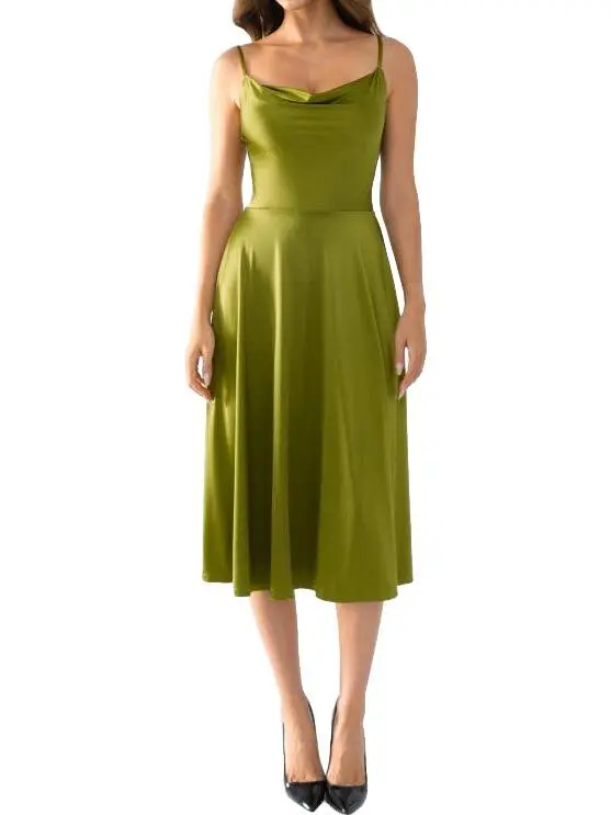 POPILUSH Shapewear Strappy Cowl Neck Fit & Flare Midi Dress - Metallic Olive