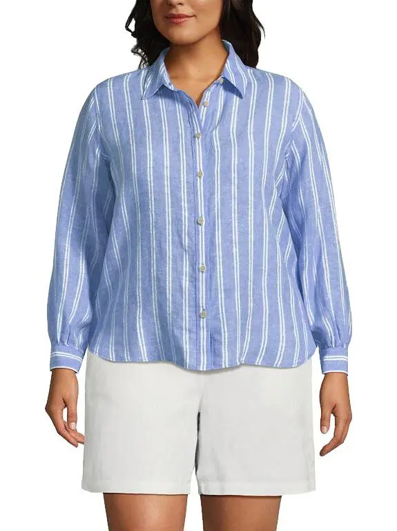 LANDS' END Linen Long Sleeve Shirt - Clear Blue Sky Double Stripe
