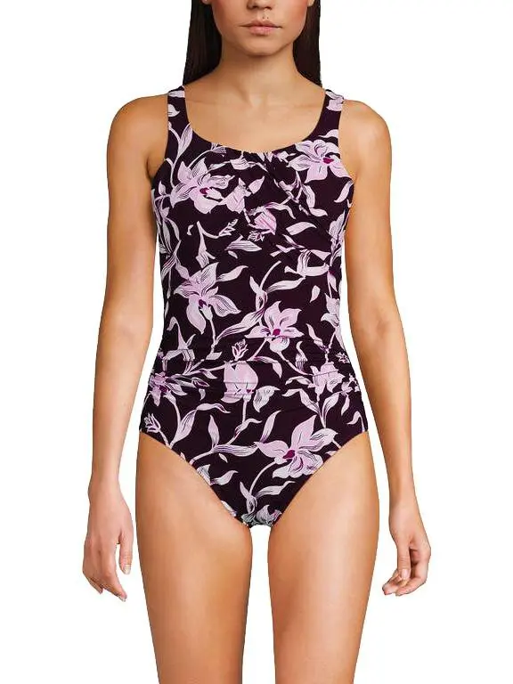 LANDS' END D-cup Slender Carmela Tummy Control One Piece Swimsuit - Dark Wine/tropics Floral