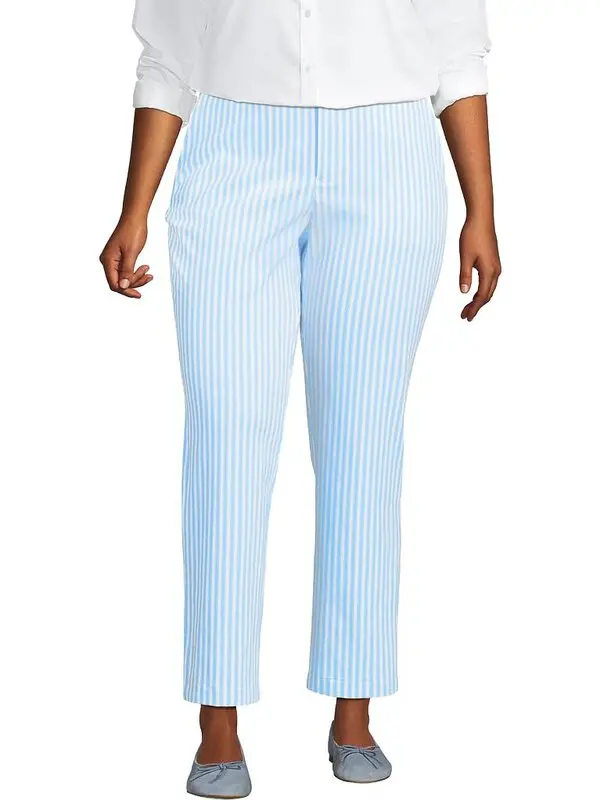 LANDS' END Mid Rise Straight Leg Ankle Chinos - White/blue Awning Stripe