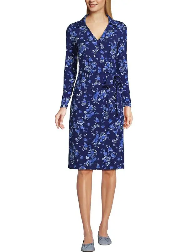 LANDS' END Cotton Modal Collared Wrap Dress - Deep Sea Navy Poetic Floral