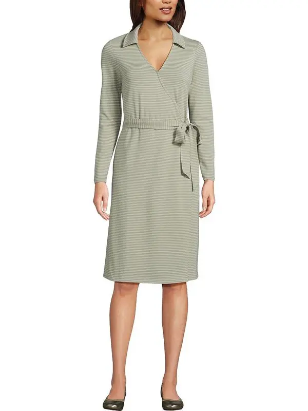 LANDS' END Cotton Modal Collared Wrap Dress - Sage Thin Stripe