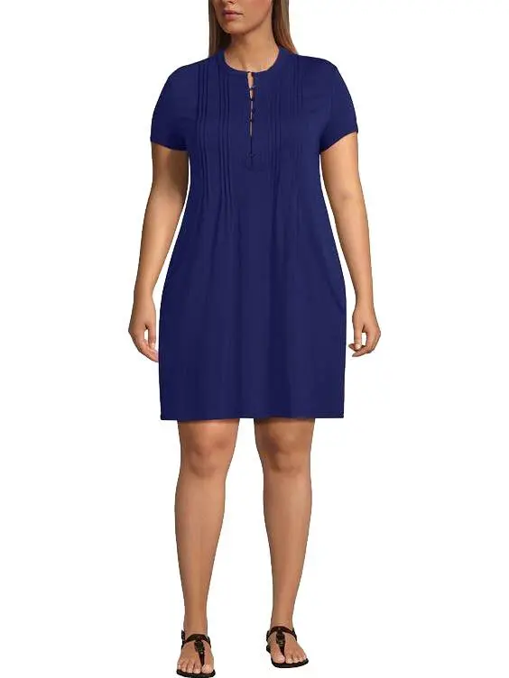 LANDS' END Cotton Modal Pintuck Short Sleeve Dress - Midnight Sky