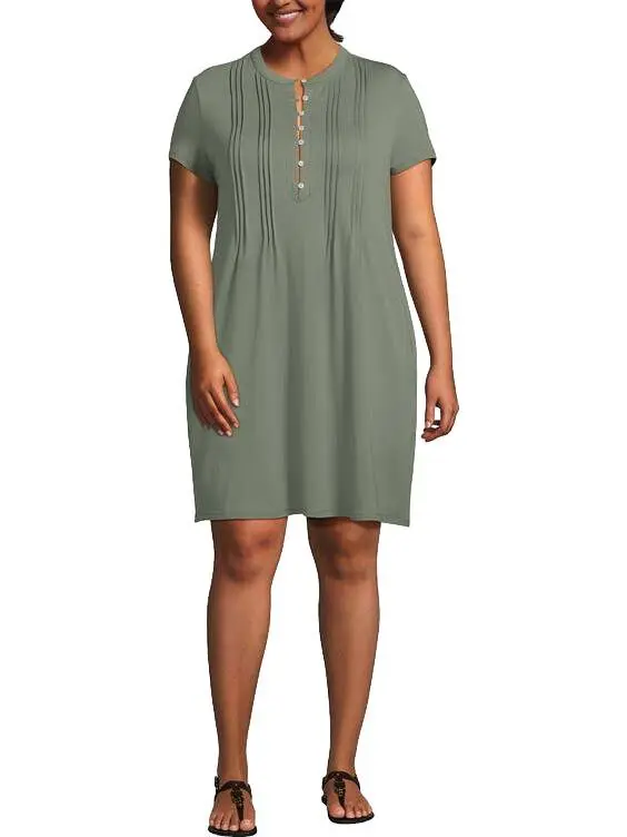 LANDS' END Cotton Modal Pintuck Short Sleeve Dress - Sage