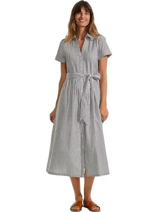 LANDS' END Poplin Pintuck Midi Shirt Dress - Rich Coffee Pinstripe
