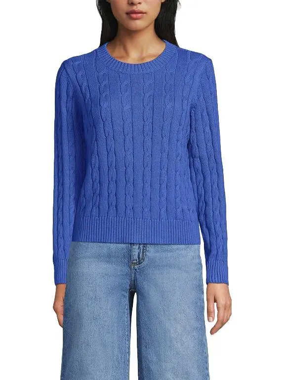 LANDS' END Cotton Cable Drifter Crewneck Sweater - Clear Blue
