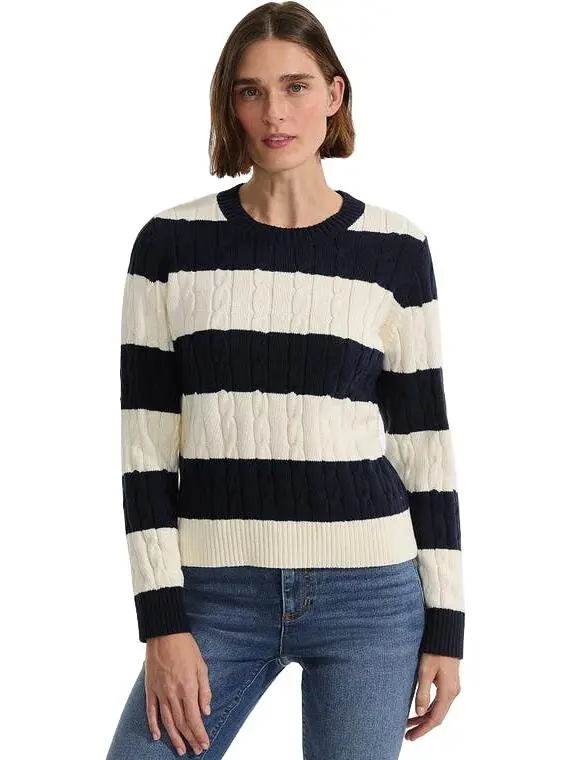 LANDS' END Cotton Cable Drifter Crewneck Sweater - Navy/ivory Rugby Stripe