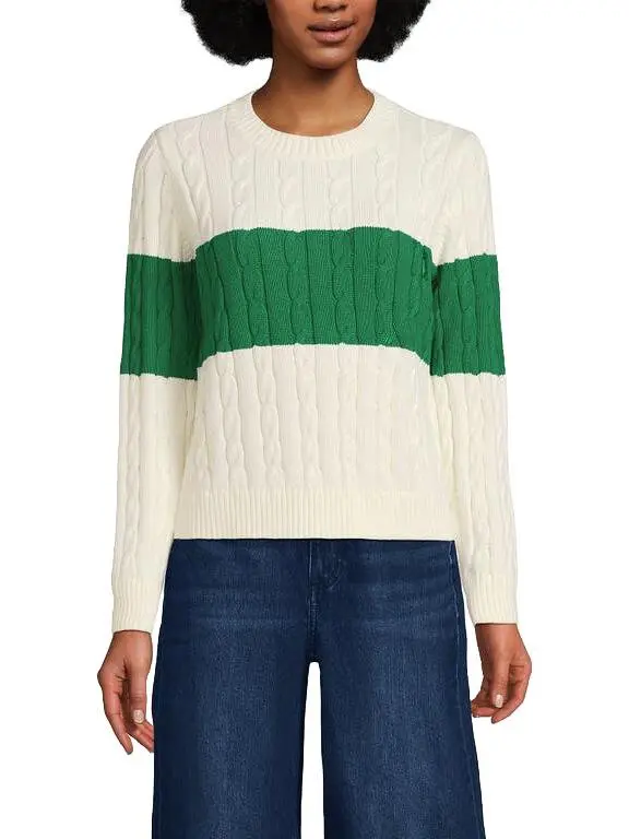 LANDS' END Cotton Cable Drifter Crewneck Sweater - Single Stripe/vibrant Clover