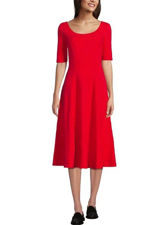 LANDS' END Starfish Elbow Sleeve Midi Fit And Flare Dress - Compass Red