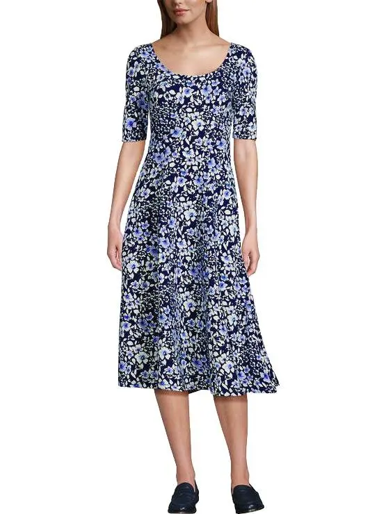 LANDS' END Starfish Elbow Sleeve Fit And Flare Midi Dress - Deepest Cobalt/lavender Floral