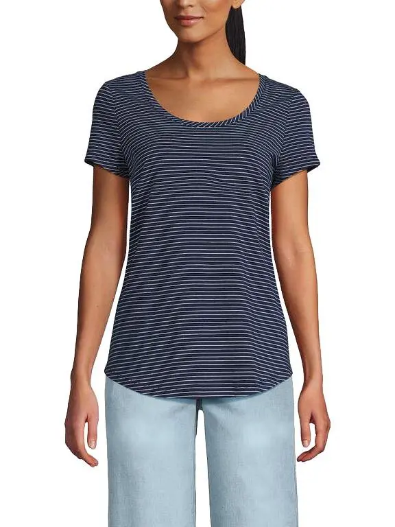 LANDS' END Lightweight Jersey T-shirt - Deep Sea Navy Thin Stripe