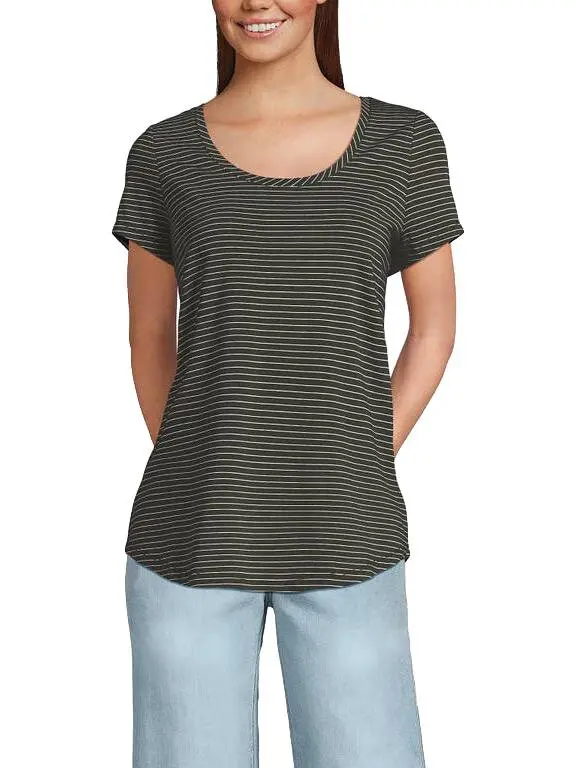 LANDS' END Lightweight Jersey T-shirt - Forest Moss Thin Stripe