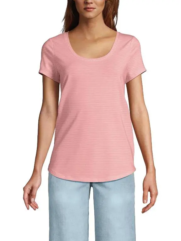 LANDS' END Lightweight Jersey T-shirt - Sunset Coral Pink Thin Stripe