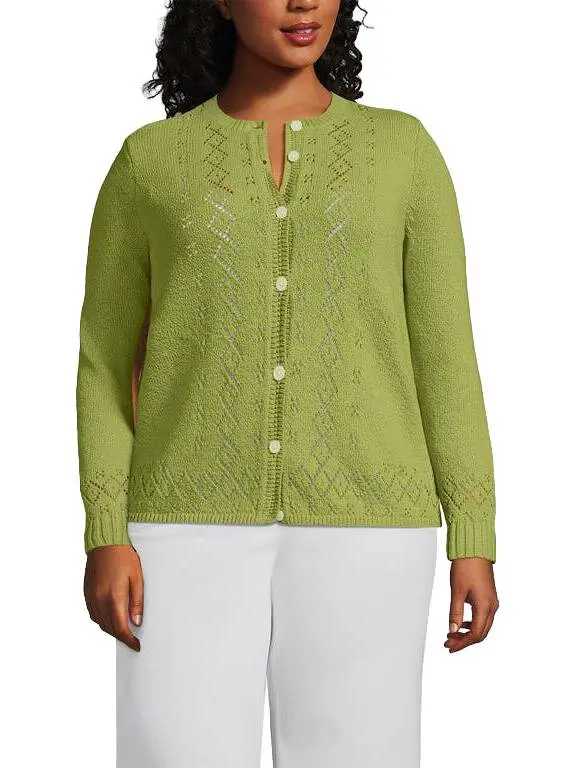 LANDS' END Pointelle Crew Neck Cardigan Sweater - Bright Pistachio