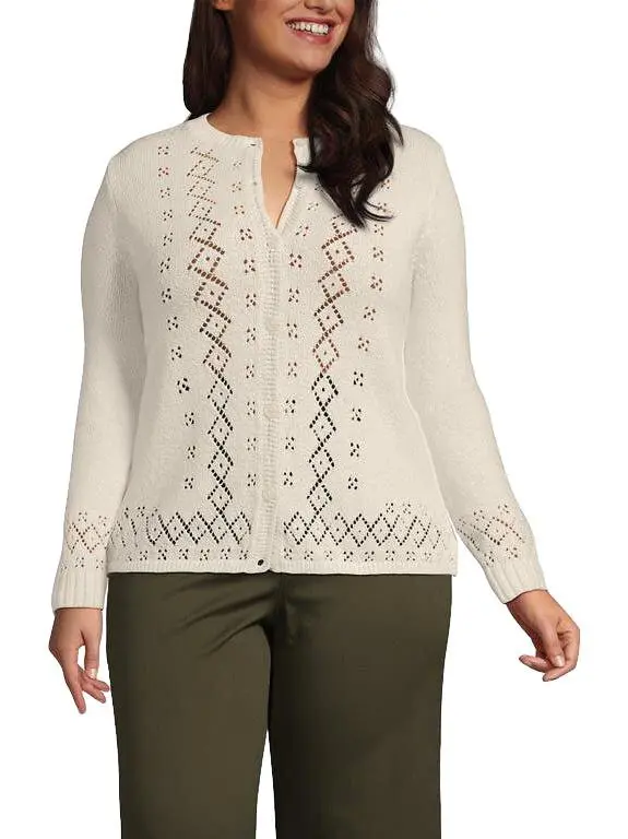 LANDS' END Pointelle Crew Neck Cardigan Sweater - Ivory Latte