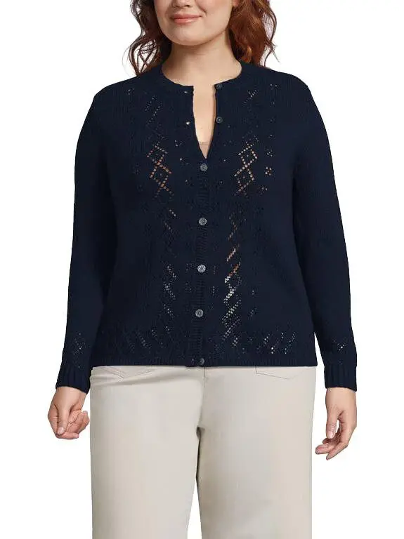 LANDS' END Pointelle Crew Neck Cardigan Sweater - Radiant Navy