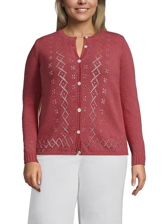 LANDS' END Pointelle Crew Neck Cardigan Sweater - Soft Mojave Rose