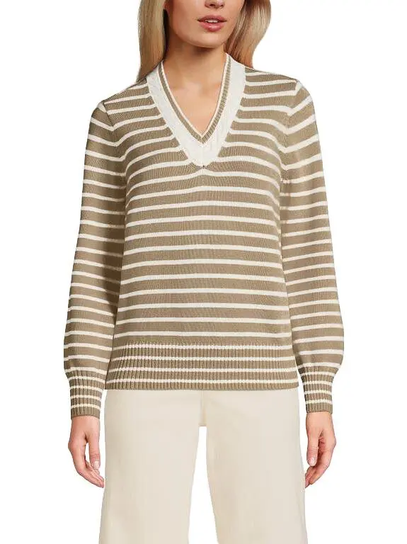 LANDS' END Cotton V-neck Sweater - Champagne/ivory Mini Stripe