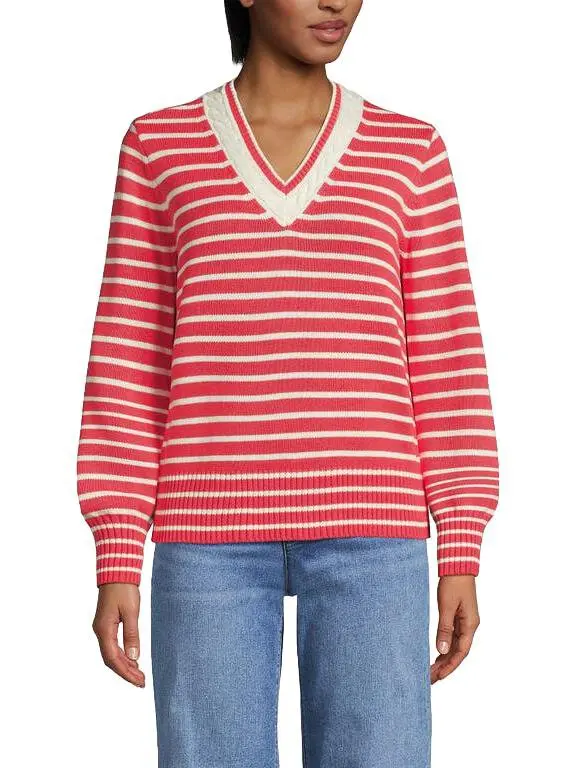 LANDS' END Cotton V-neck Sweater - Coral/ivory Mini Stripe