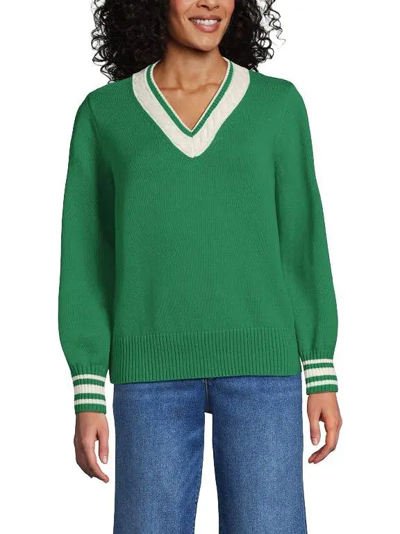 LANDS' END Cotton V-neck Sweater - Navy/clover Tipping
