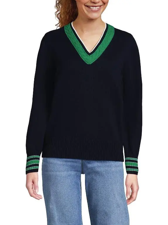 LANDS' END Cotton V-neck Sweater - Vibrant Clover/ivory Tipping