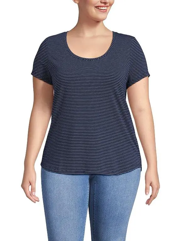 LANDS' END Short Sleeve Lightweight Jersey Scoop Neck T-shirt - Deep Sea Navy Thin Stripe