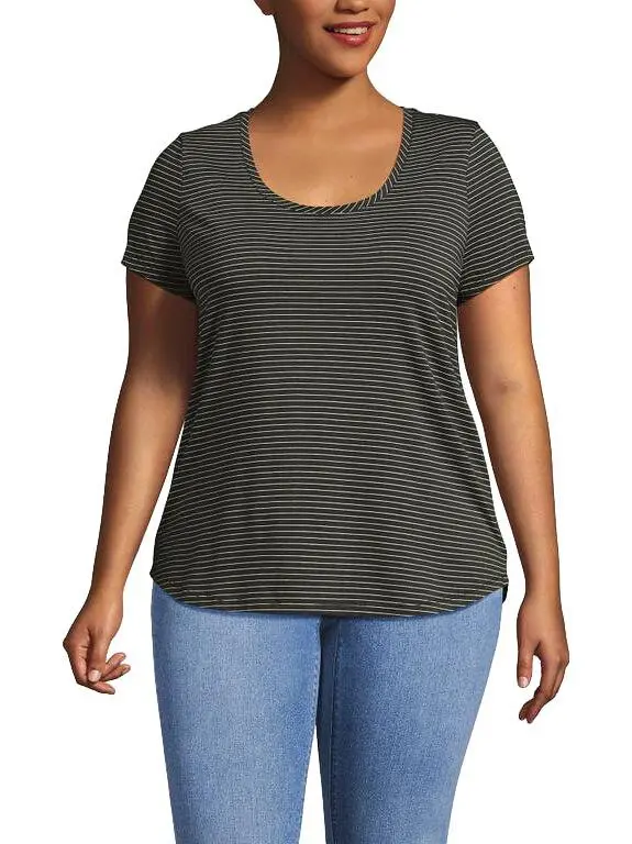 LANDS' END Short Sleeve Lightweight Jersey Scoop Neck T-shirt - Forest Moss Thin Stripe