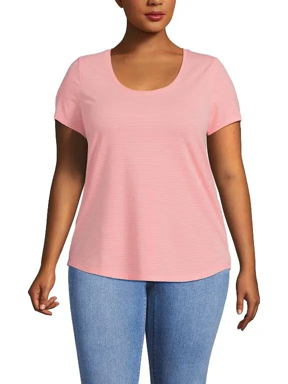 LANDS' END Lightweight Jersey T-shirt - Sunset Coral Pink Thin Stripe
