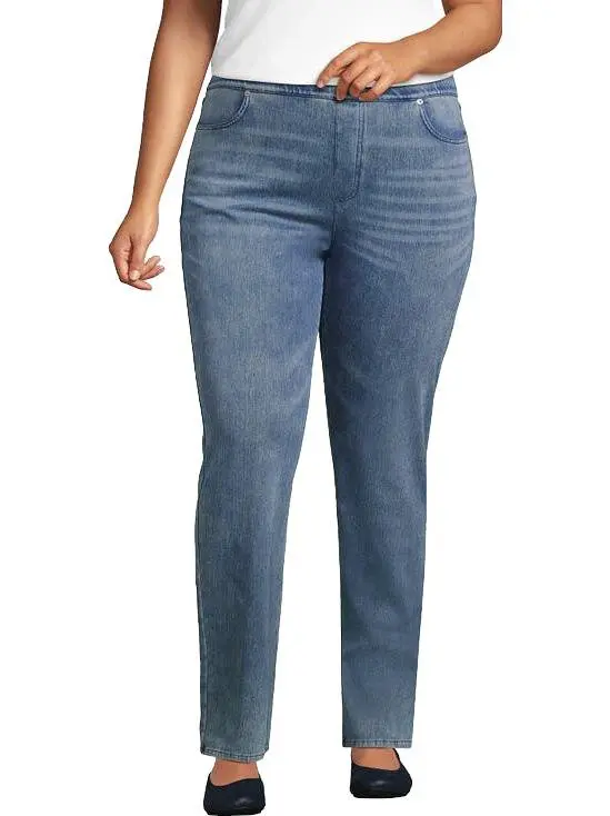 LANDS' END Starfish High Rise Knit Denim Straight Jeans - Light Brook