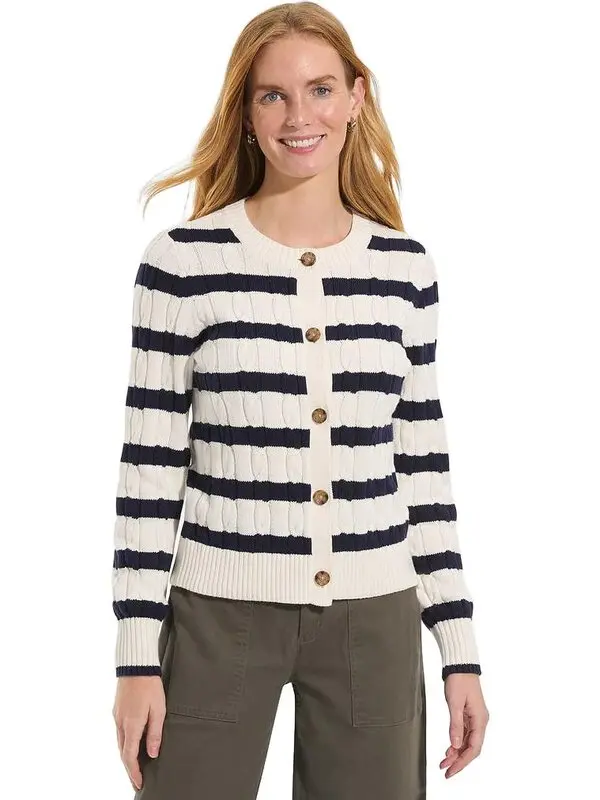 LANDS' END Drifter Classic Cable Crew Neck Cardigan - Ivory/navy Coastal Stripe