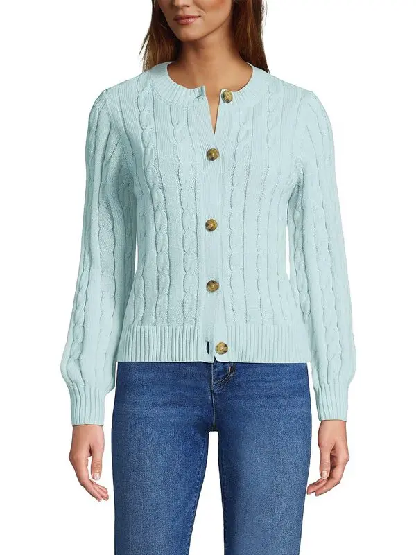 LANDS' END Drifter Classic Cable Crew Neck Cardigan - Pale Sky