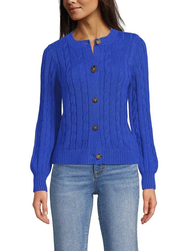 LANDS' END Drifter Classic Cable Crew Neck Cardigan - Vibrant Lapis