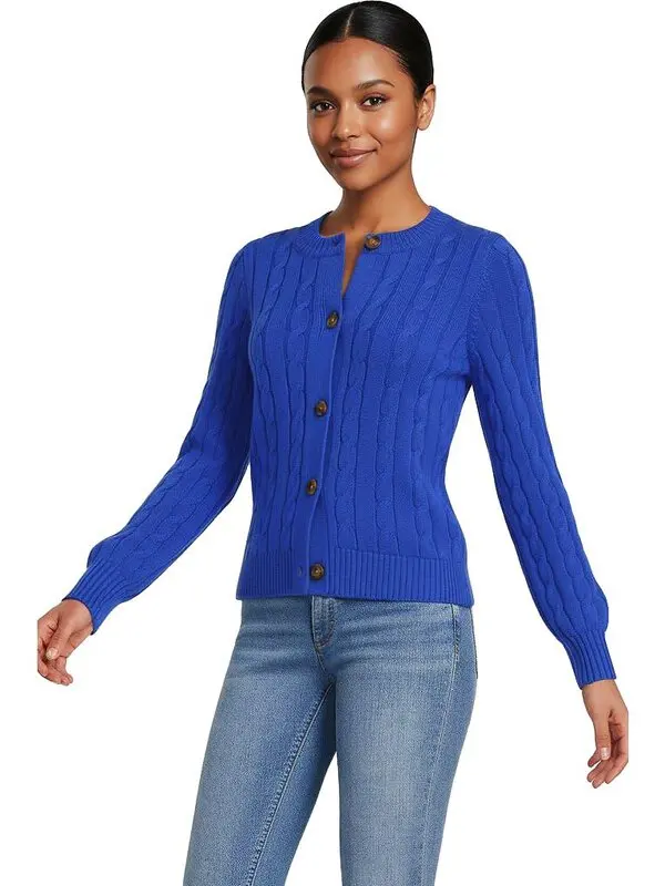 LANDS' END Drifter Classic Cable Crew Neck Cardigan - Vibrant Lapis