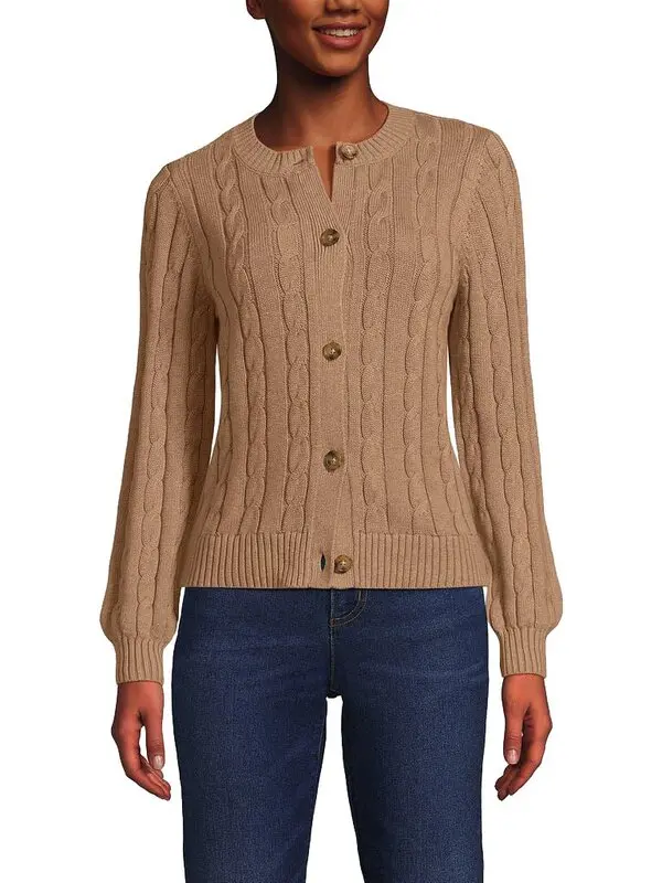 LANDS' END Drifter Classic Cable Crew Neck Cardigan - Vicuna Heather