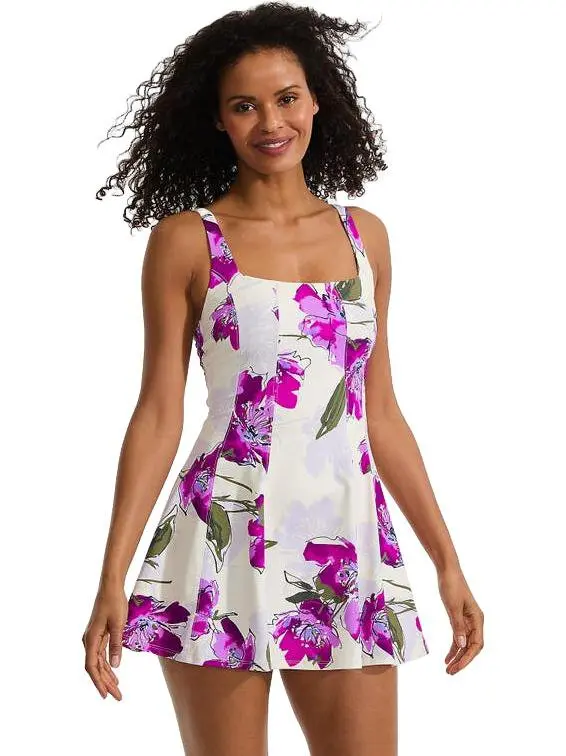 LANDS' END Seamed Corset Swim Dress - Egret/berry Etched Floral