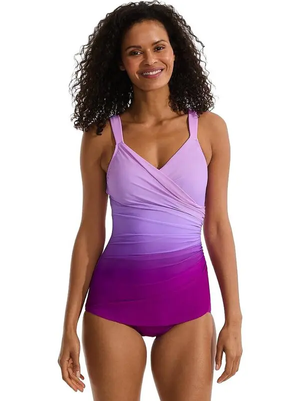 LANDS' END Slender V-neck Skirted One Piece Swimsuit - Crimson Rose/purple Ombre