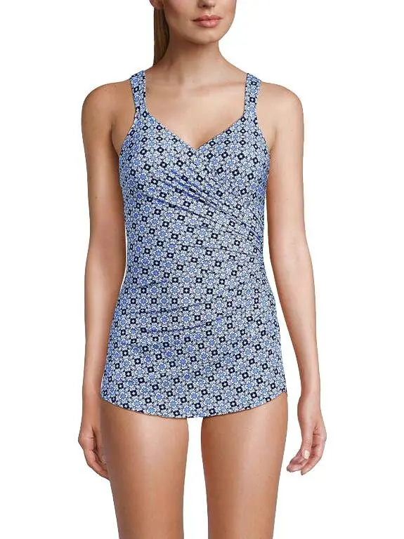 LANDS' END Slendersuits V-neck Skirted One-piece Swimsuit - Lake Blue Geo Floral