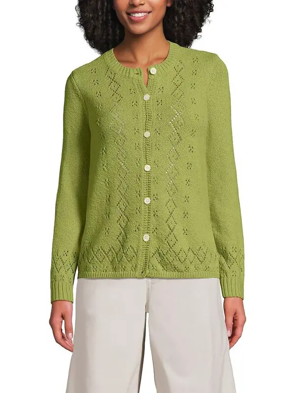 LANDS' END Pointelle Crew Neck Cardigan - Bright Pistachio