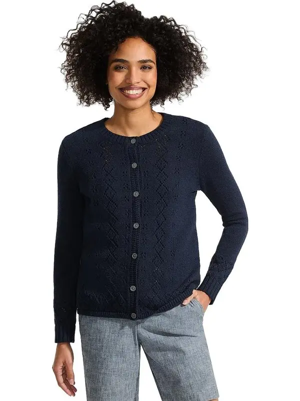 LANDS' END Pointelle Crew Neck Cardigan - Radiant Navy