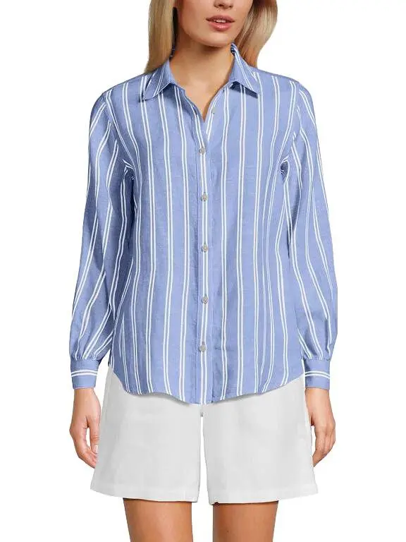 LANDS' END Linen Long Sleeve Shirt - Clear Blue Sky Double Stripe