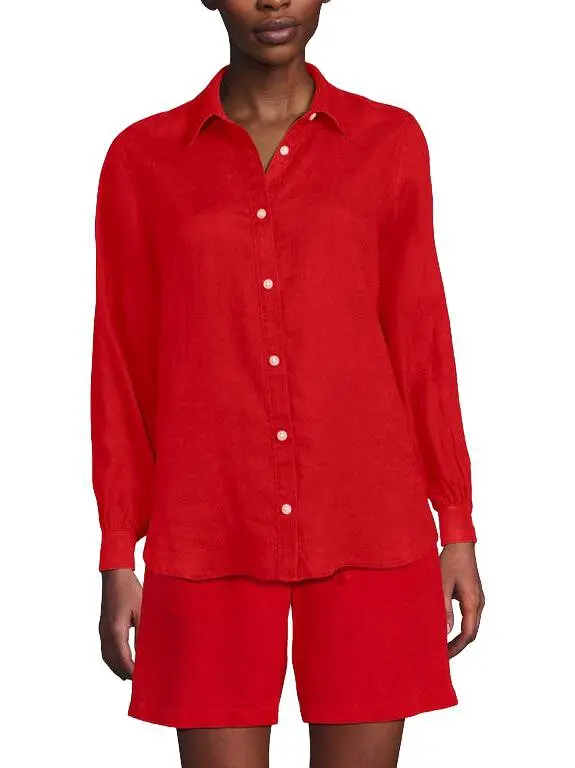 LANDS' END Linen Long Sleeve Shirt - Coral Red