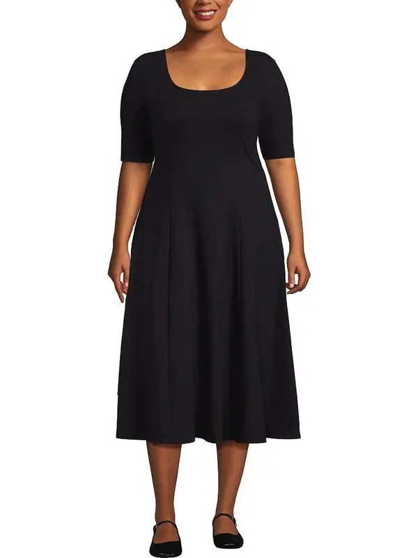 LANDS' END Starfish Elbow Sleeve Midi Fit & Flare Dress - Black
