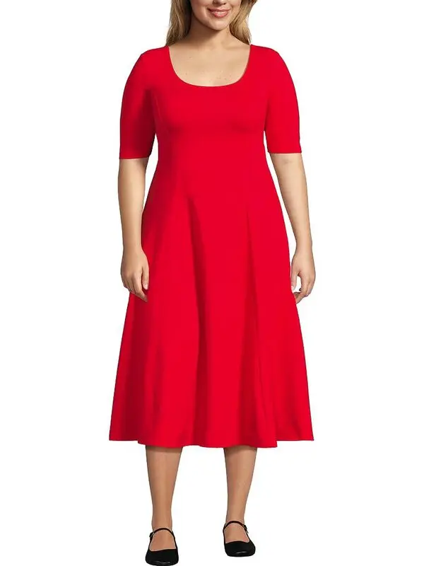 LANDS' END Starfish Elbow Sleeve Midi Fit & Flare Dress - Compass Red
