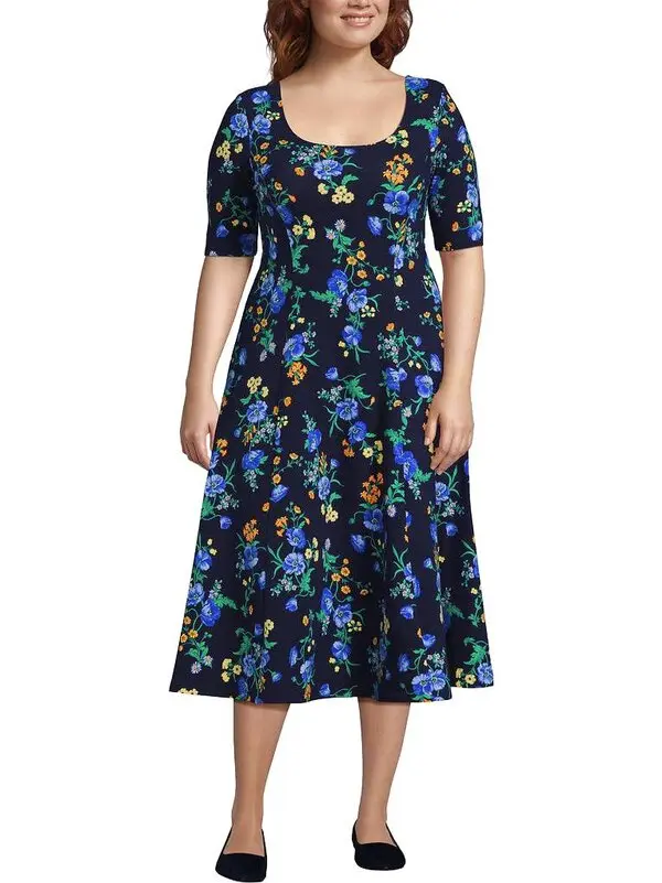 LANDS' END Starfish Elbow Sleeve Midi Fit & Flare Dress - Deep Sea Poppy Floral