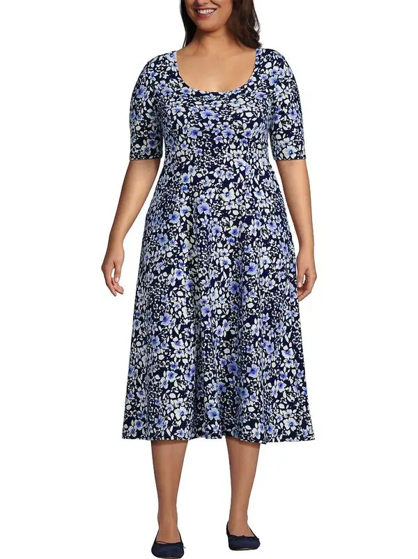 LANDS' END Starfish Elbow Sleeve Midi Fit & Flare Dress - Deepest Cobalt/lavender Floral