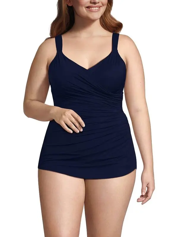 LANDS' END Slendersuit V-neck Skirted One-piece Swimsuit - Deep Sea Navy