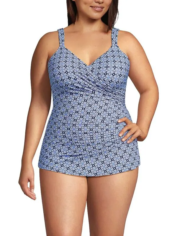 LANDS' END Slendersuit V-neck Skirted One-piece Swimsuit - Lake Blue Geo Floral